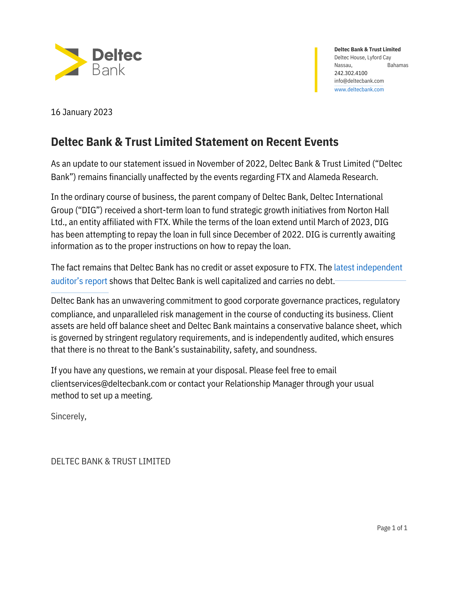 Deltec Bank & Trust Limited Statement On Recent Events - Deltec Bank ...